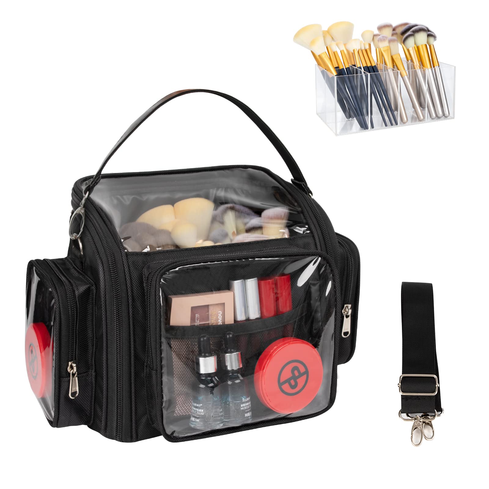 CUBETASTIC Makeup Brush Bag, Professional Makeup Brushes Organizer Case, Cosmetic Storage Bag with Removable Acrylic Holder, Makeup Artist Must Haves with Adjustable Strap and Dividers