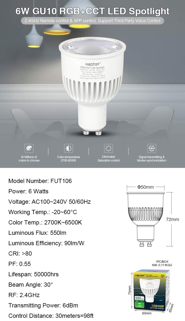 LGIDTECH FUT106 Miboxer 6W 2.4GHz WiFi Led Spotlight Bulb GU10 AC 100-240V RGB+CCT Color Changing,Temperature Adjustable,Memory Funtcion.Smartphone APP & Voice Control via Gateway hub(Excluded)