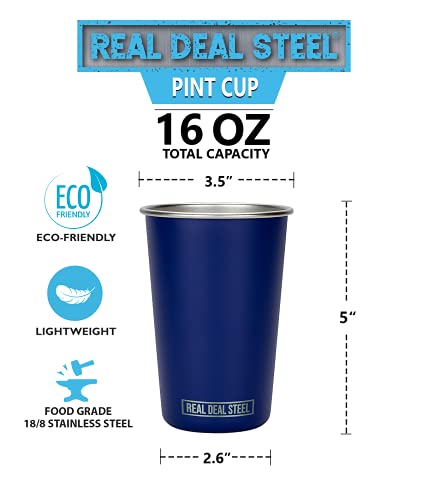 Real Deal Steel Party Pints: 16 oz Pint Cups, Stackable Tumblers, Eco Friendly Premium Metal Drinking Glasses