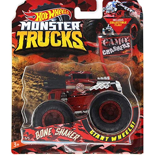 Hot Wheels Monster Trucks 1:64 Scale Die-Cast Vehicle - Camo Crashers 5/5 ~ Bone Shaker with Collectible Flag