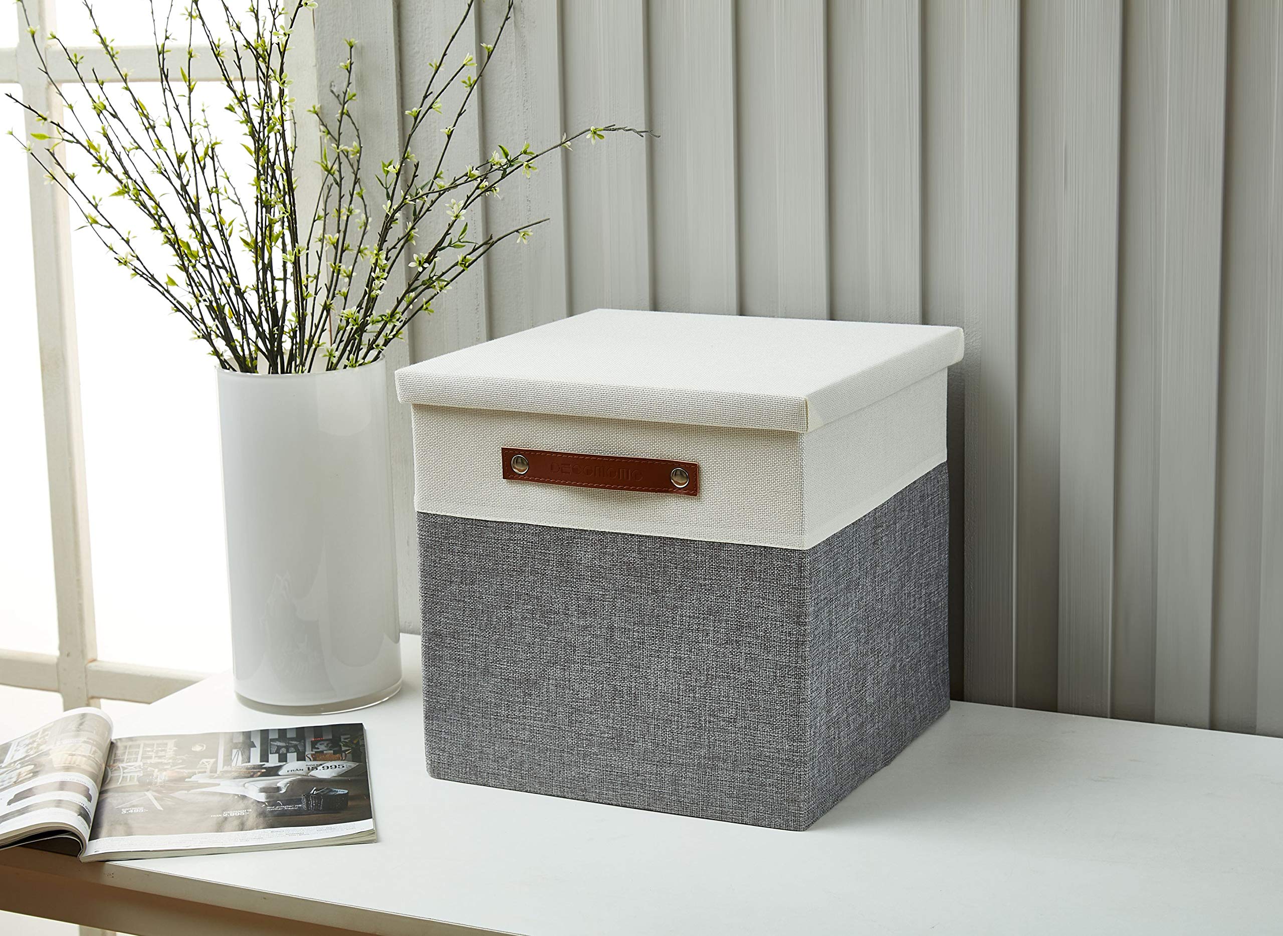 DECOMOMO Storage Cubes with Lid [3-Pack] Large Storage Box, Stackable Storage Bin With Dual Handles for Organizing Toys Books Shelves Office Nursery (Grey and White, 11 x 11 x 11 inch)