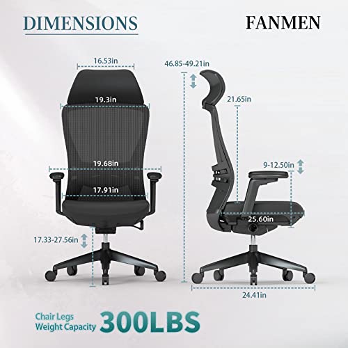 FANMEN Home Office Desk Chair, Ergonomic Mesh Executive Office Chair with 3 Position Tilt Function, Comfortable High Back Black Computer Chair with 3D Adjustable Armrest & Lumbar Support