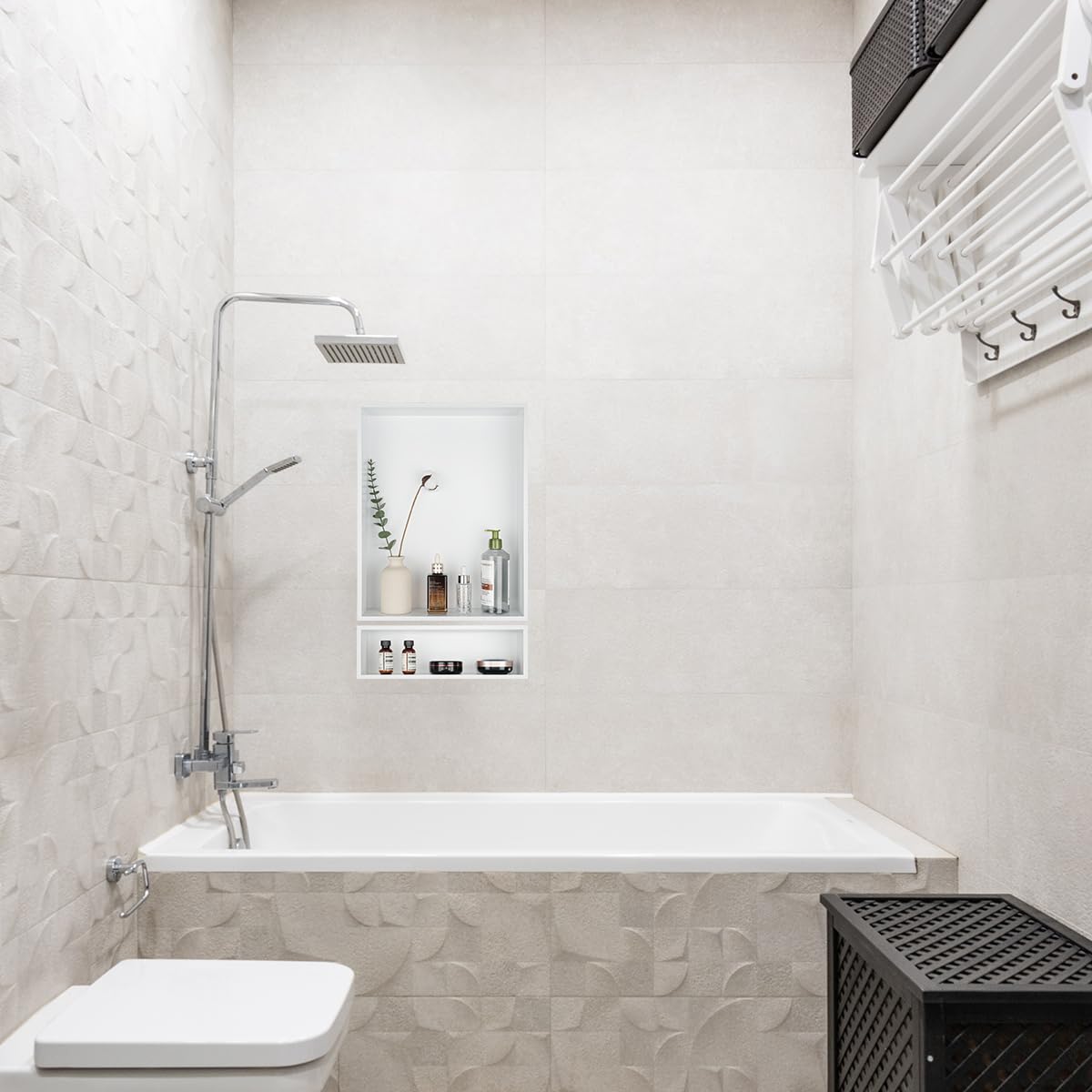 JQK Shower Niche No Tile Need, 18"×14" Matte White Bathroom Insert Shelf, 304 Stainless Steel Recessed Shower Caddy Organizer Storage, SNL1814-WH