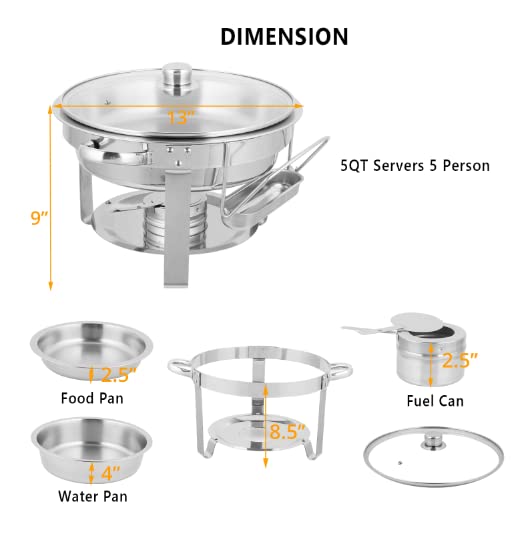 ROVSUN 5Qt 4 Pack Chafing Dish Buffet Set, Stainless Steel Round Chafers for Catering, Buffet Servers and Warmers Set with Glass Lid & Lid Holder, Thick Stand Frame for Wedding Party Banquet Event