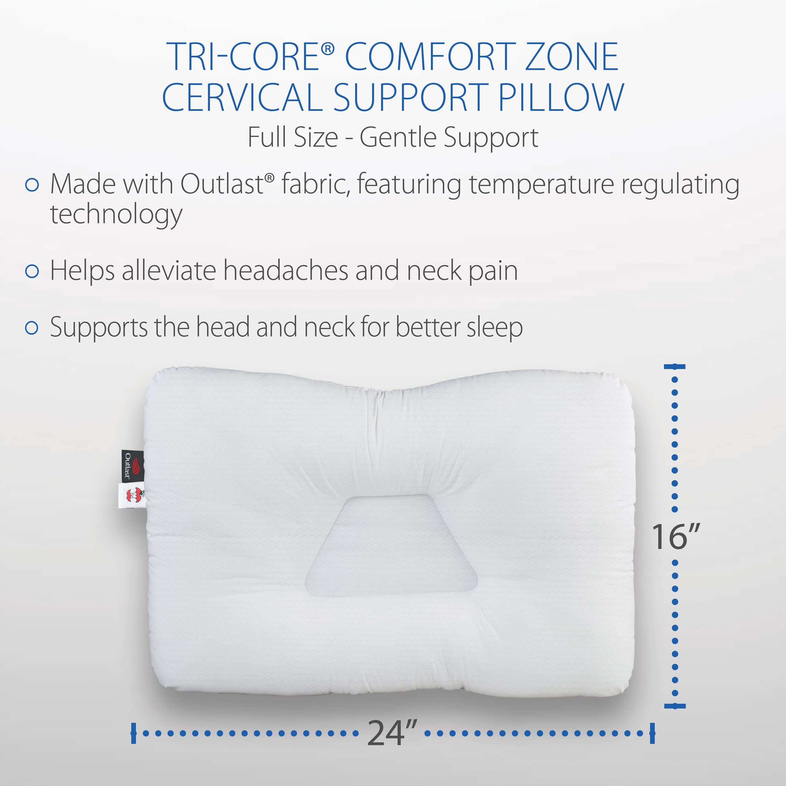 Core Products Tri-Core Comfort Zone, Gentle/Firm Cervical Support Pillow, Temperature Regulating Outlast, Full Size