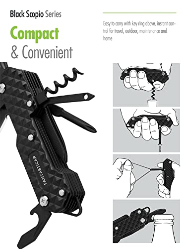 FantastiCAR 15 in 1 Multi-Tool, EDC Folding Pocket Knife with Premium Gift Box for Camping, Fishing, Hunting, Survival, Outdoor (Black)