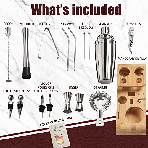 TONGTAIWQTJQ Bartender Kit Cocktail Shaker with Stylish Bamboo Stand,18-Piece Bar Tool Set with Recipes Booklet,Home Drink Mixer Set