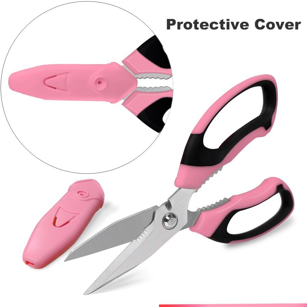 FTECYBO Scissors Heavy Duty 8'', Carpet Scissors, Multipurpose Scissors with Protective Cover, Stainless Steel Serrated Blades, Easy Cutting Cardboard, Leather, Fabric, Wires(PINK)