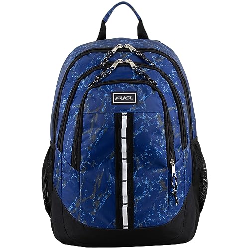 FUEL Large Multipocket Unisex Backpack with Water Resistant Bottom for Class, Travel, and Outdoors - Blue Marble