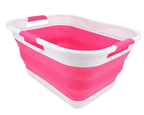 SAMMART 30L(8 gallon) Collapsible Plastic Laundry Basket - Foldable Pop Up Storage Container/Organizer - Space Saving Hamper/Basket - Water Capacity 24L(6.3 gallon) (White/Rose Pink)