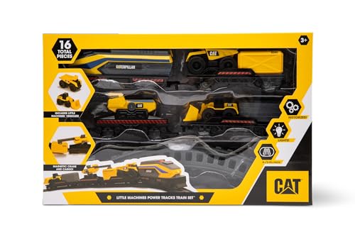 CAT Construction Toys, Little Machines Power Tracks Battery Operated Train Set, Engine with working headlight, 3 Rail Cars, Working Crane, 2 Magnetic Cargo Containers, and 2 CAT Trucks for Kids