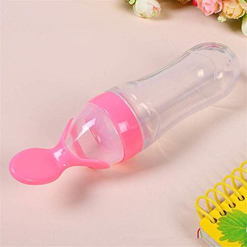 Silicone Squeeze Bottle Spoon Baby Feeding Cereal, Rice, Supplement with Dispensing Feeder, Food Dispensing Spoon, Infant Newborn Toddler Food Supplement Set- 90ml Pink