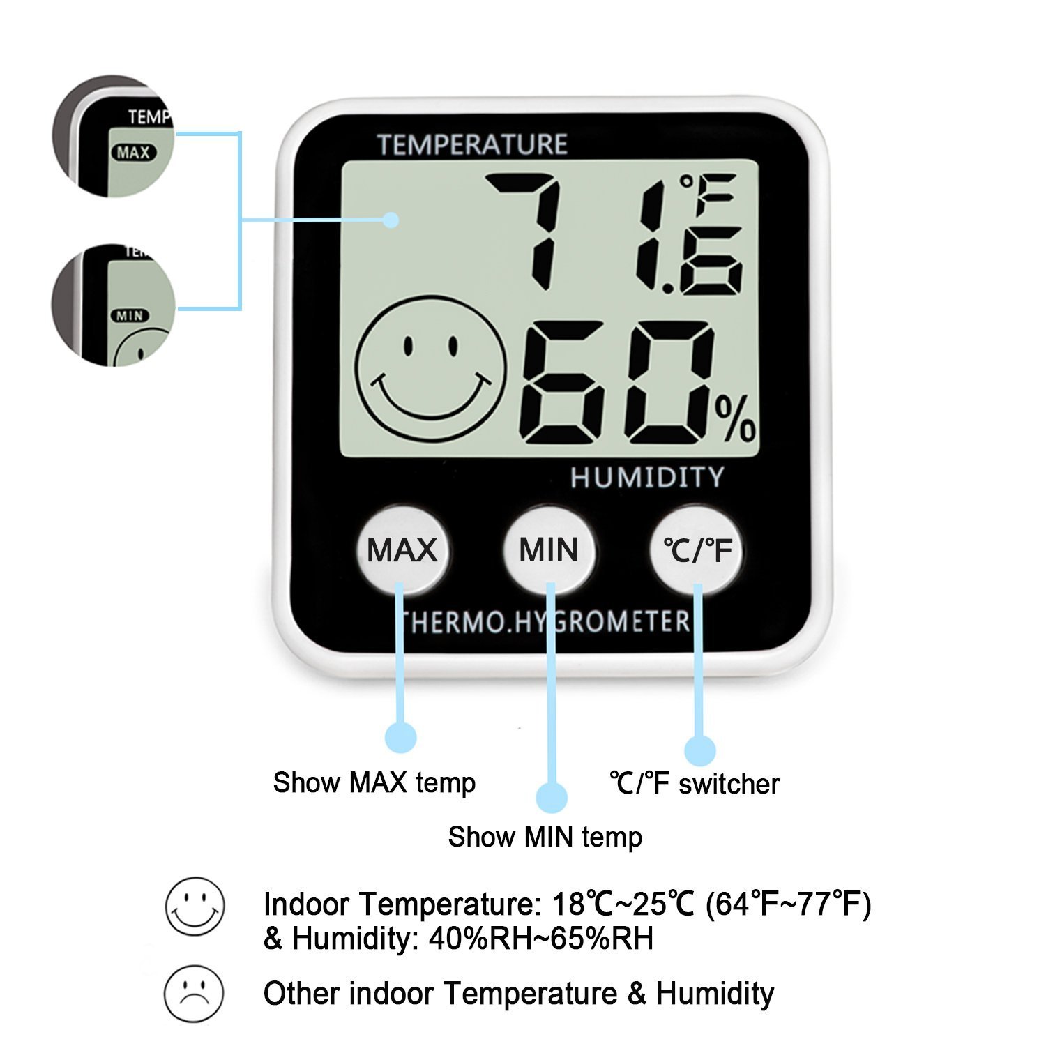 SoeKoa Digital Thermometer Indoor Hygrometer Humidity Meter Room Temperature Monitor Large LCD Display Max/Min Records for Home Car Office