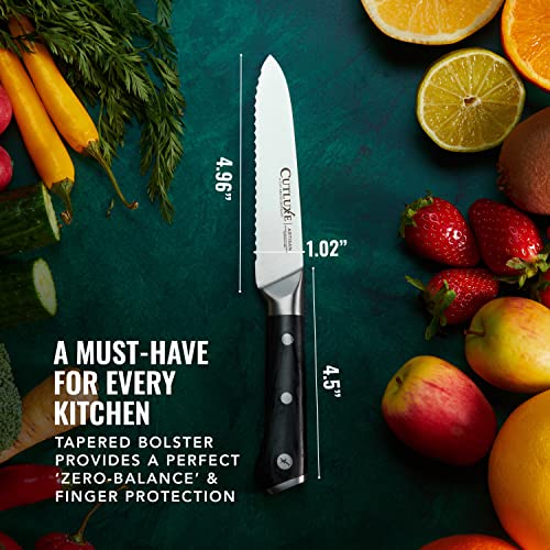 Cutluxe Serrated Kitchen Utility Knife, 5" Tomato Knife β Forged High Carbon German Steel β Full Tang & Razor Sharp β Ergonomic Handle Design β Artisan Series