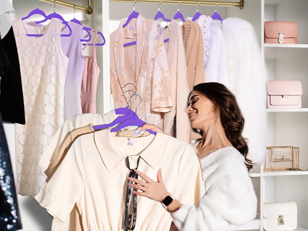 HOUSE DAY 60 Pack Plastic Hangers, Purple Hangers Extra Wide with 360°Swivel Hook, Space Saving Hangers for Bedroom Closet, Shirts, Pants, Heavy Duty Hangers Enough for Coat, Suit