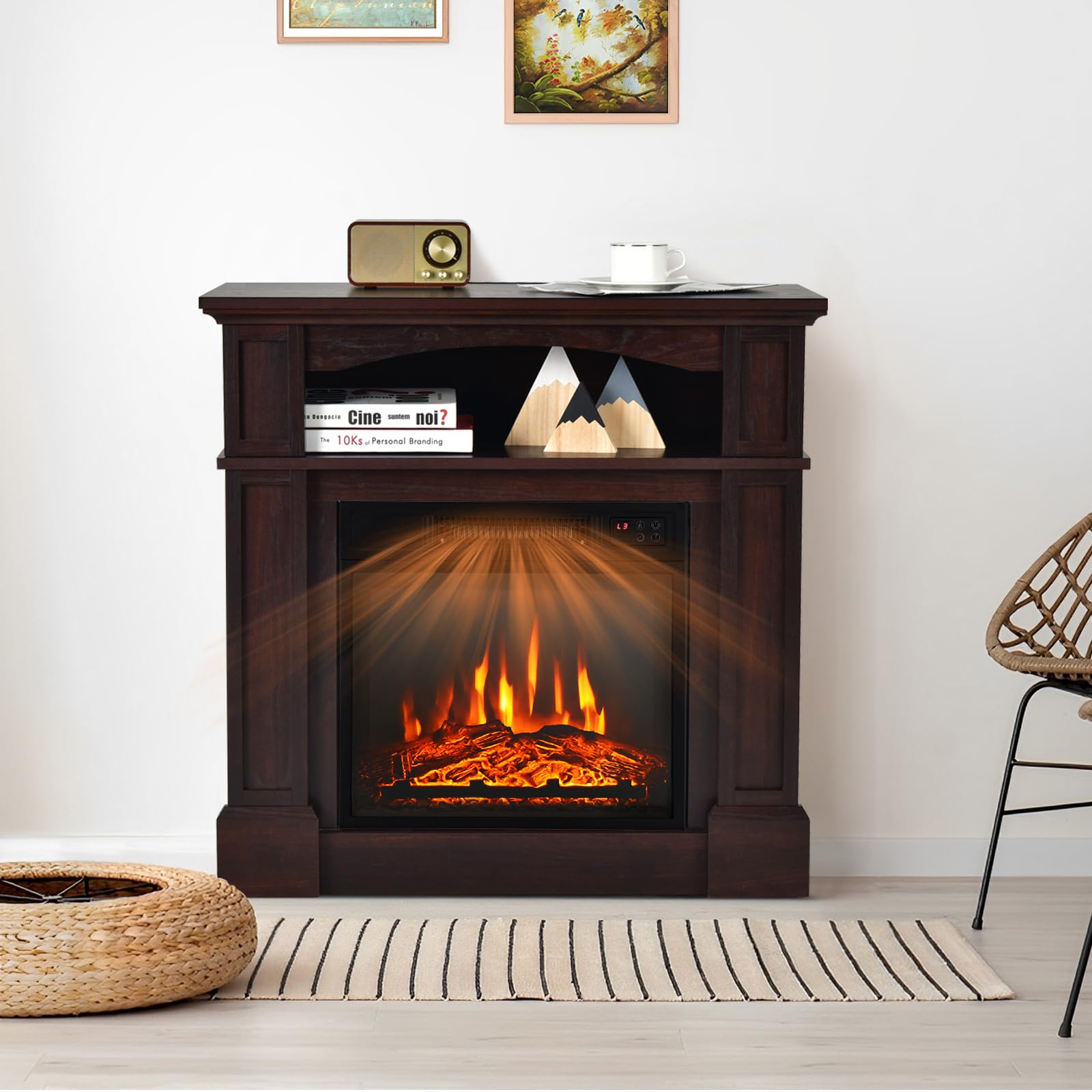 COSTWAY 32-inch Electric Fireplace with Mantel, 1400W Adjustable Freestanding Heater with Remote Control, Thermostat Design, 6H Timer, 3D Flame Brightness, Mantel Fireplace for Living Room, Brown