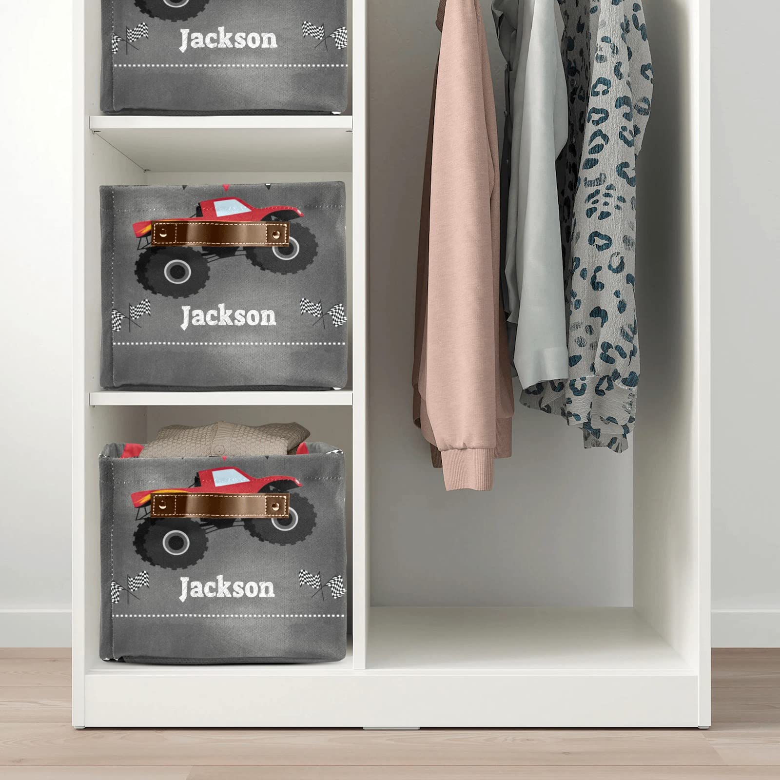 Cool Monster Truck Personalized Storage Bins,Foldable Baskets Organizer with Handle for Nursery Pet Toy Clothes Box 1 Pack
