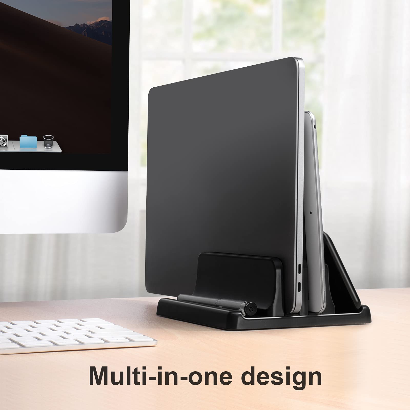 Dofuhem Dual-Slot Vertical Laptop Stand Holder Adjustable ABS Plastic Double Desktop Notebook Dock,Space-Saving for All MacBook/Surface/Samsung/HP/Dell/Chrome Book,Black