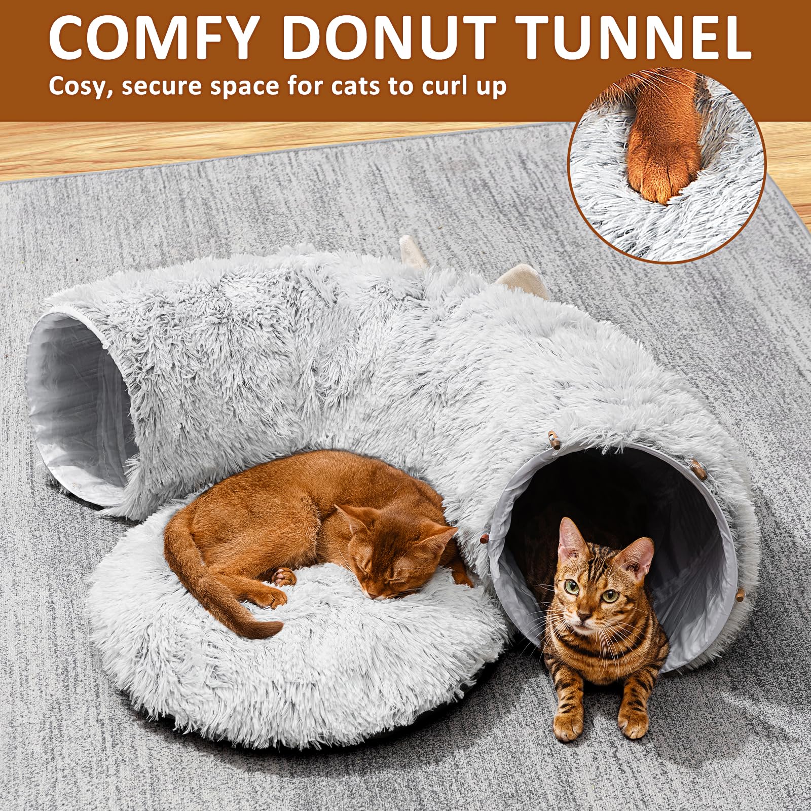 Cat Tunnel with Cat Bed for Indoor Cats, Soft Plush Peekaboo Cat Cave Donut Tunnel, Multifunctional Cat Playground Toys Hideplace for Small Medium Large Cats, Kittens, Rabbit, Ferret (Grey)