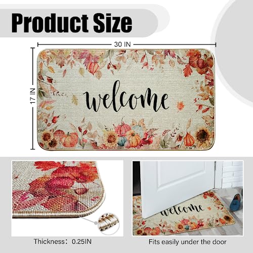 Voanos Fall Welcome Door Mat,Autumn Maple Leafs Pumpkins Theme Outdoor Entrance Doormat Non-Slip Rubber Matt for Indoor Fall Decor 17 x 30 Inch