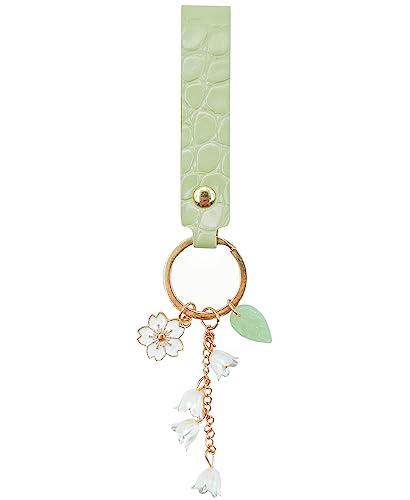 LAEKOU Lily of The Valley Flower Key Chain Green Leather Keychain for Car Keys, Key Chains Accessories for Women And Girls Gifts