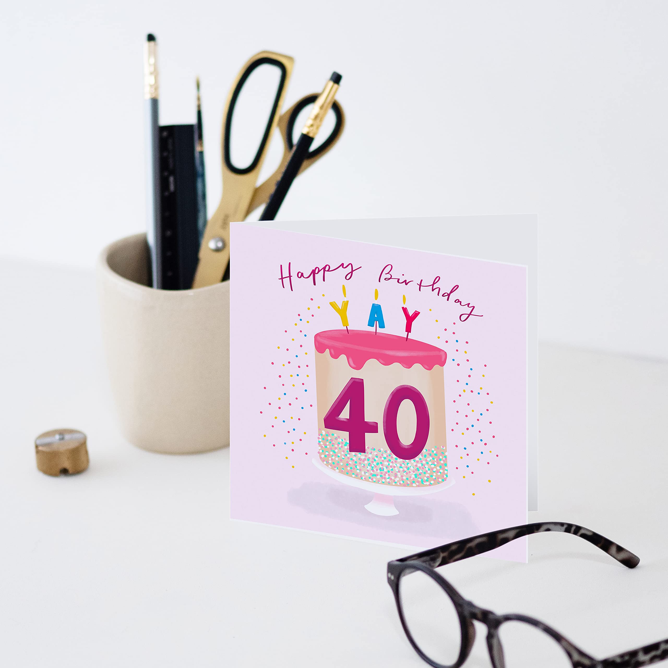 Old English Co. Yay 40th Birthday Cake Card - Fun Celebrations Greeting Card for Her | For Women, Sister, Wife, Aunt, Mum | Blank Inside & Envelope Included