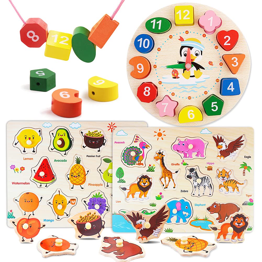 Wooden Peg Puzzles for Toddlers, 3 Pack Montessori Educational Learning Puzzles Toys for Kids Ages 1-3, Early Educational Preschool Wooden Puzzle Gift for Boys and Girls 1 2 3 4 5 Years Old
