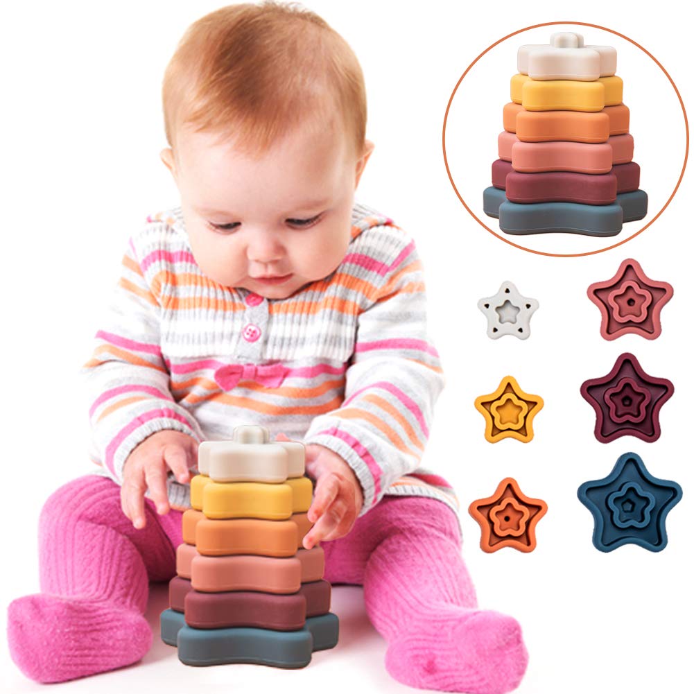 Promise Babe Stacking Toys,Silicone Stacking Rings Teething Toy with Star Shape,Soft Building Blocks,Montessori Early Educational Toy for 6 Month+ Boys & Girls(6Pcs)