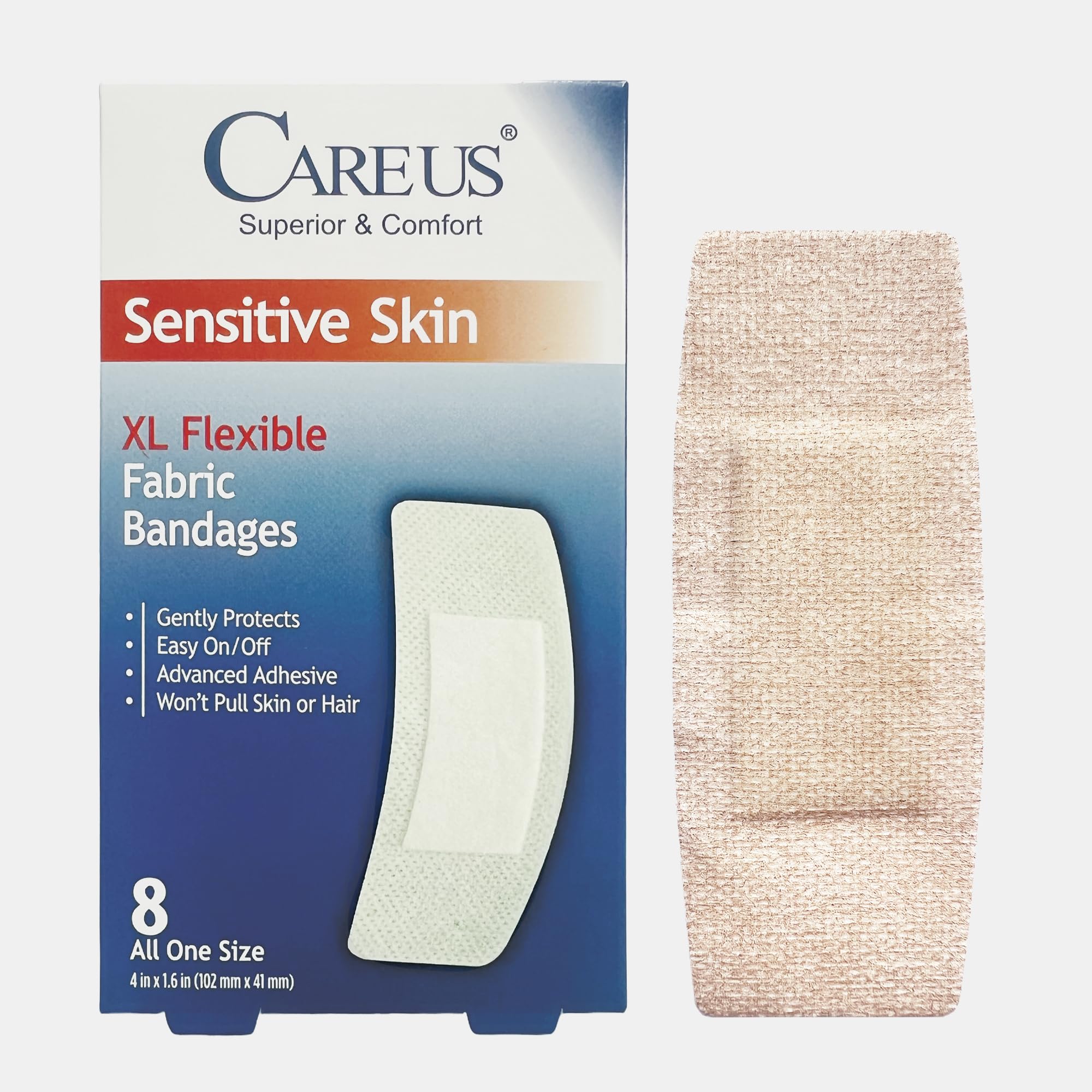 CareUs Bandages for Sensitive and Elderly Skin -Large Flexible Fabric, Max Hold Silicone Adhesive, Latex-Free, 32-Count Pack (8ct x 4),Gifts for MomâŚ