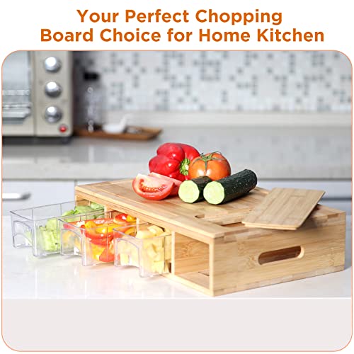 Cutting Board with Containers, Veelink Large Bamboo Wood Chopping Storage Station with 4 Trays and Lids Graters Set for Easy Food Prep and Clean Home Kitchen