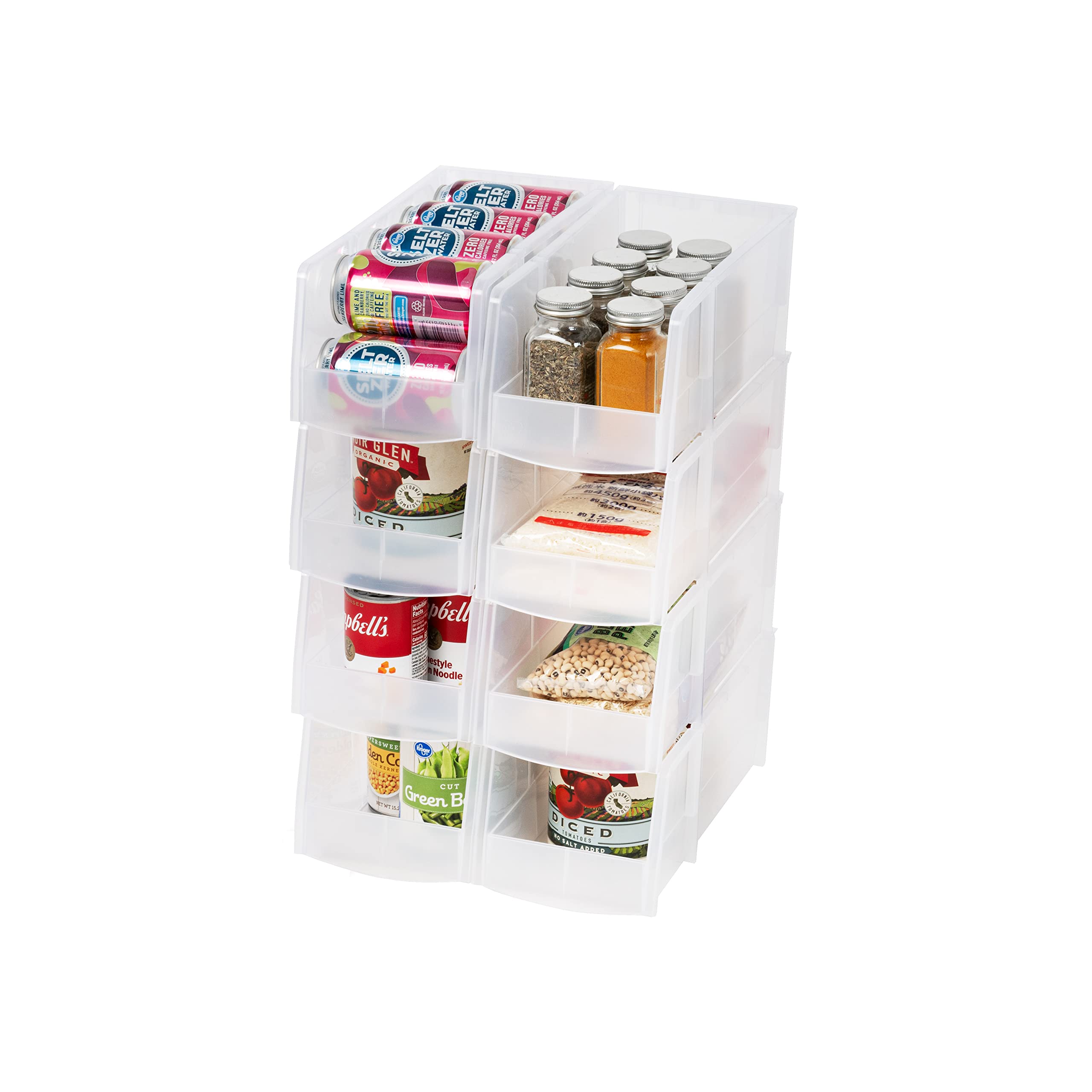 IRIS USA Clear Plastic Stackable Storage Bins, Large- 8 Pack, Open Front Fridge Pantry Kitchen Closet Cabinet Bathroom Organizer Basket for Organizing Snack, Cans, Office Supplies, and Coffee Pods