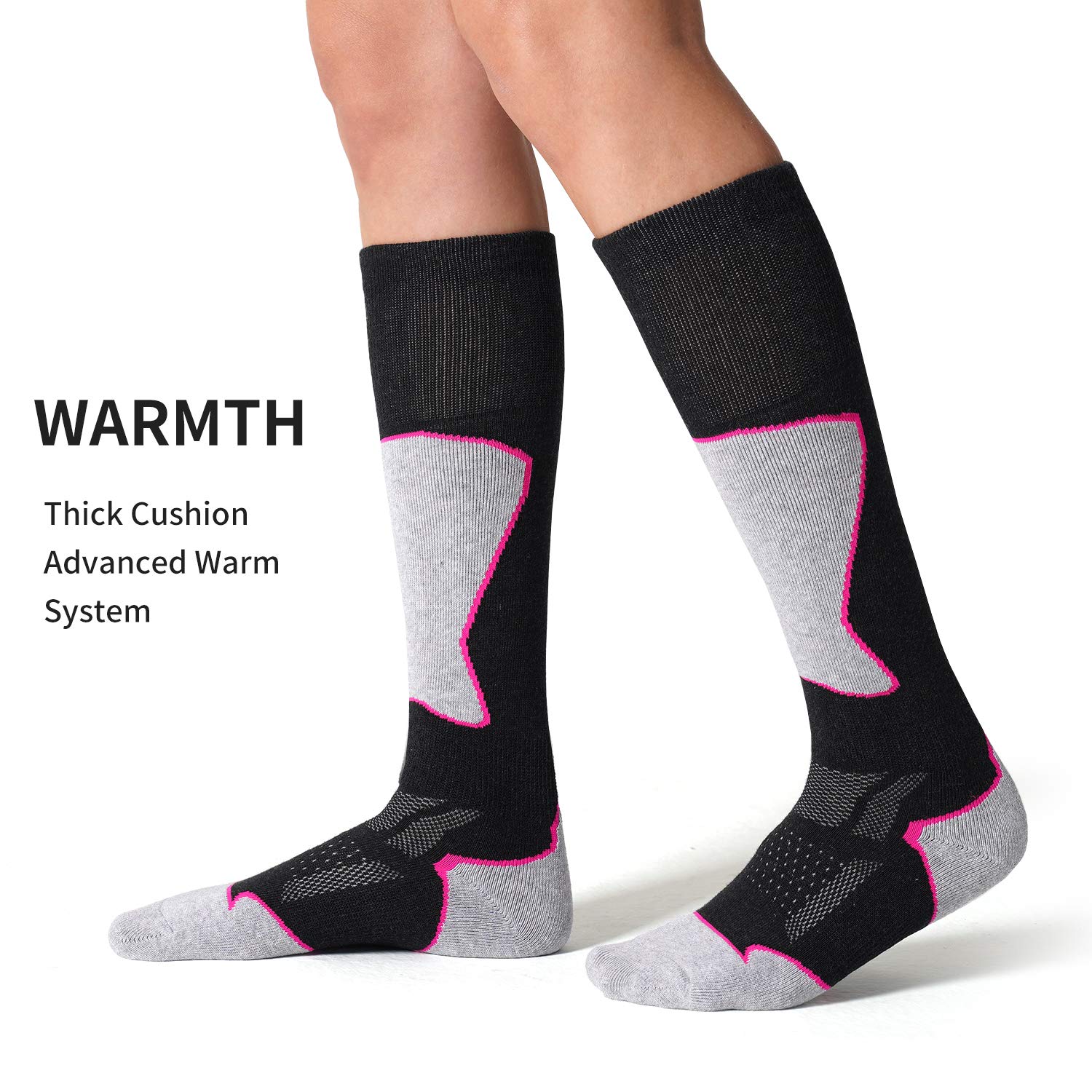 CelerSport 2 Pack Women's Ski Socks for Skiing, Snowboarding, Cold Weather, Warm Thermal Socks Winter Performance Socks Gifts for Women, Black+Rose Red, Medium