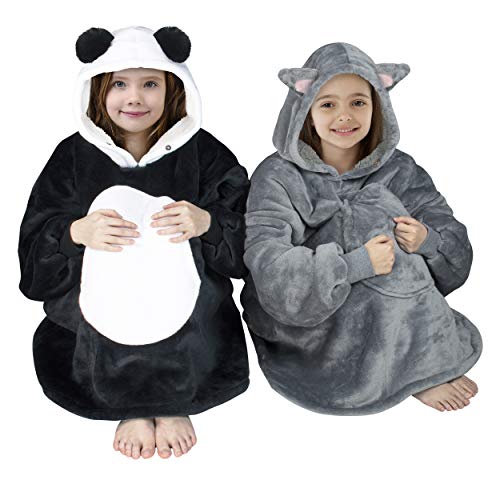 Catalonia Panda Blanket Hoodie Sweatshirt for Kids, Oversized Wearable Sherpa Pullover for 7-16 yr Teens Youth, Gift Idea