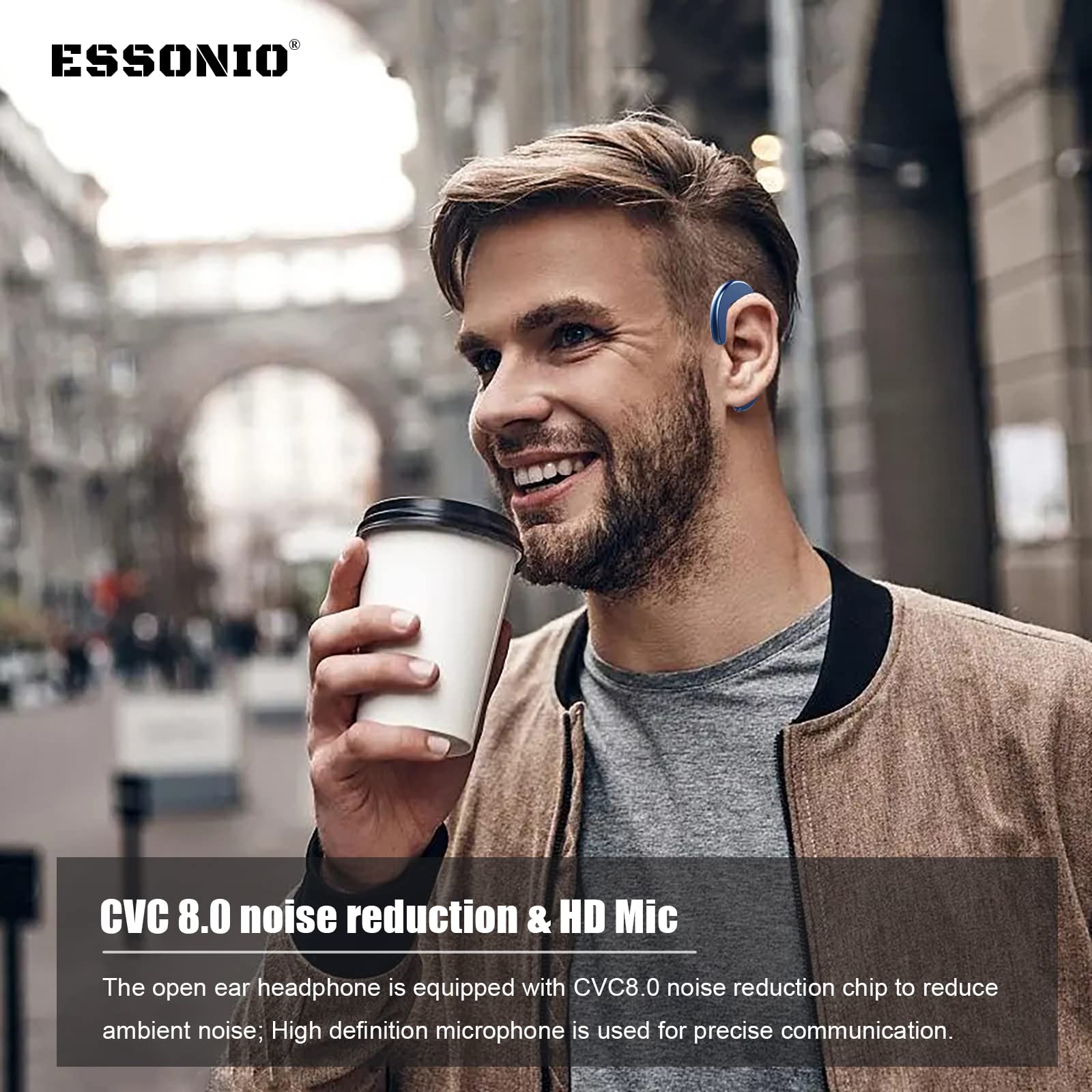 ESSONIO Open Ear Headphones Bluetooth earpiece Wireless Bluetooth Headphone with Microphone Headphone for Cell Phone Noise canceling Headphones