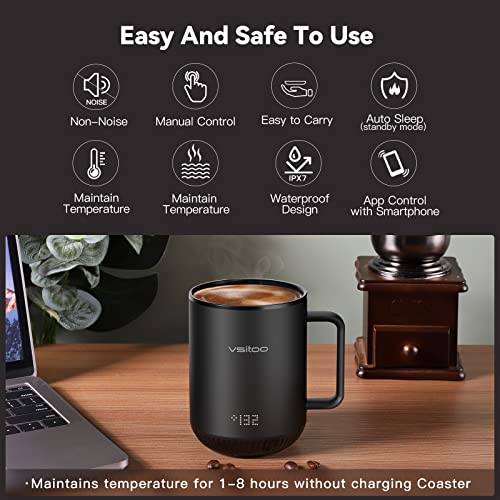 vsitoo S3 Temperature Control Smart Mug 2 with Lid, Self Heating Coffee Mug 10 oz, LED Display, 90 Min Battery Life - App&Manual Controlled Heated Coffee Mug - Improved Design, Coffee Gifts, Black