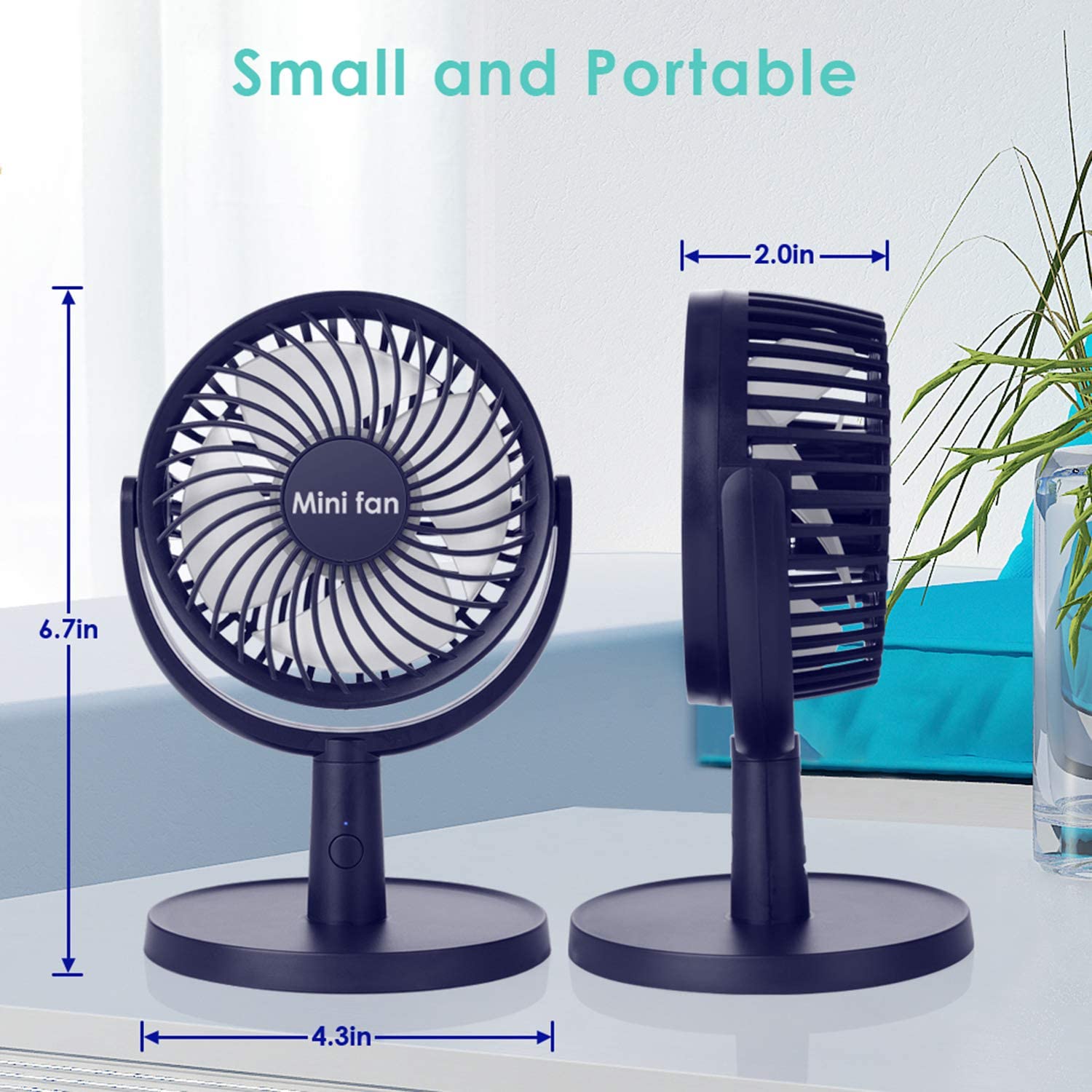 COMLIFE Mini Desk Fan, USB Operated Fan with 4 Speeds, Strong Airflow, Ultra Quiet Operation, 310° Adjustment, Portable Personal Fan for Home Office Desktop (Blue)