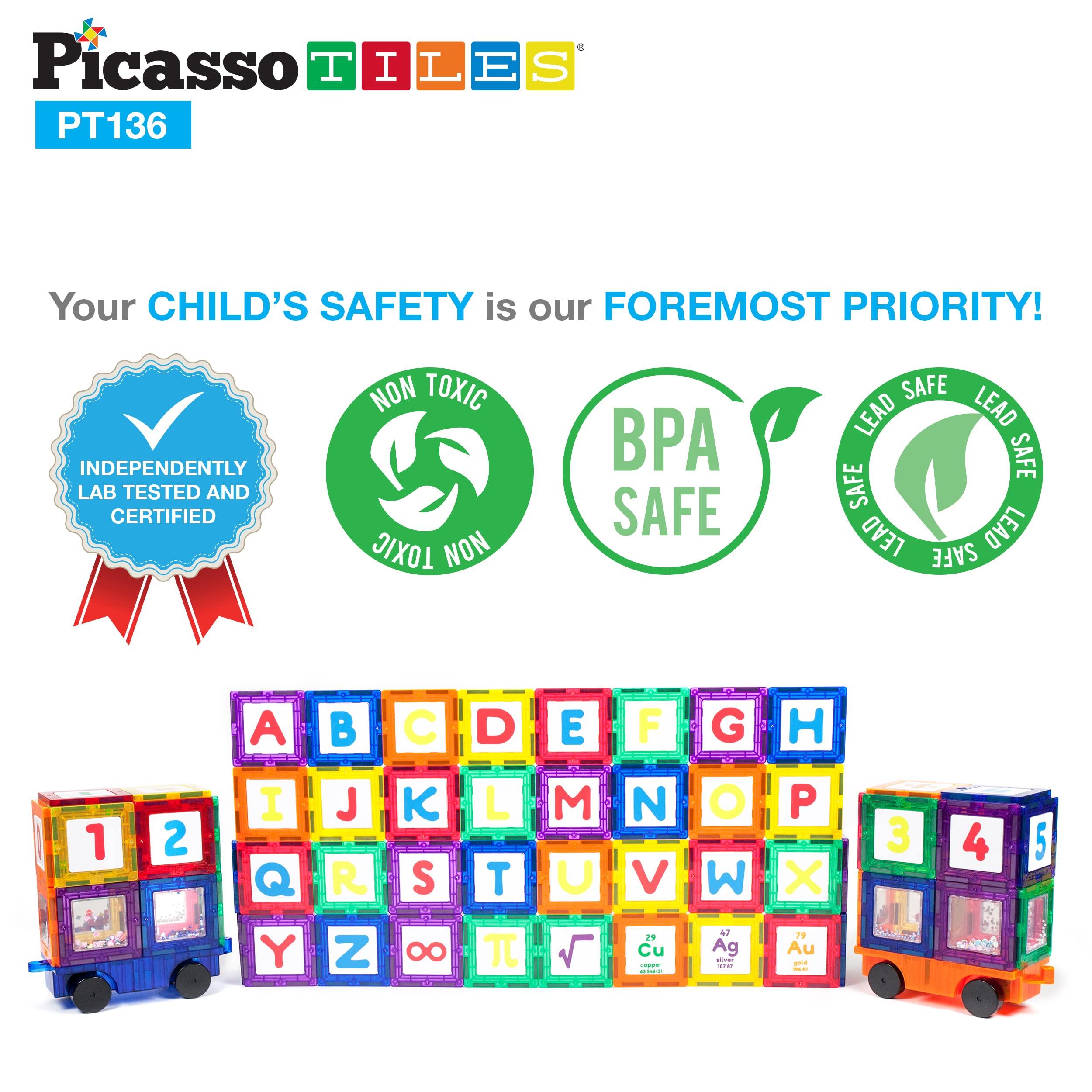 PicassoTiles 136 Piece S.T.E.A.M. Building Block Set with 66 Magnetized Clip-in Insert Cards Toy Construction Kit PT136 Magnet Building Tiles Clear Color Magnetic 3D Educational Blocks Click-in Card