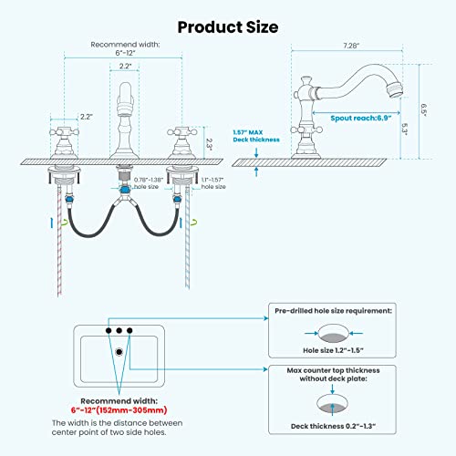 gotonovo 3-Hole Widespread Bathroom Faucet Double Cross Handle Mixer Tap for Bathroom Sink Deck Mount Hot Cold Water Matching Pop Up Drain with Overflow Antique Brass Victorian Spout