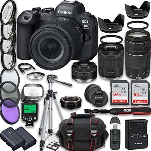 Canon EOS R6 Mark II Mirrorless Camera with RF 24-105mm STM Lens + EF 75-300mm III Lens + RF 50mm f/1.8 STM + Accessories Including: 2X 64GB Memory Cards + TTL Flash, Extra Battery, Case & More
