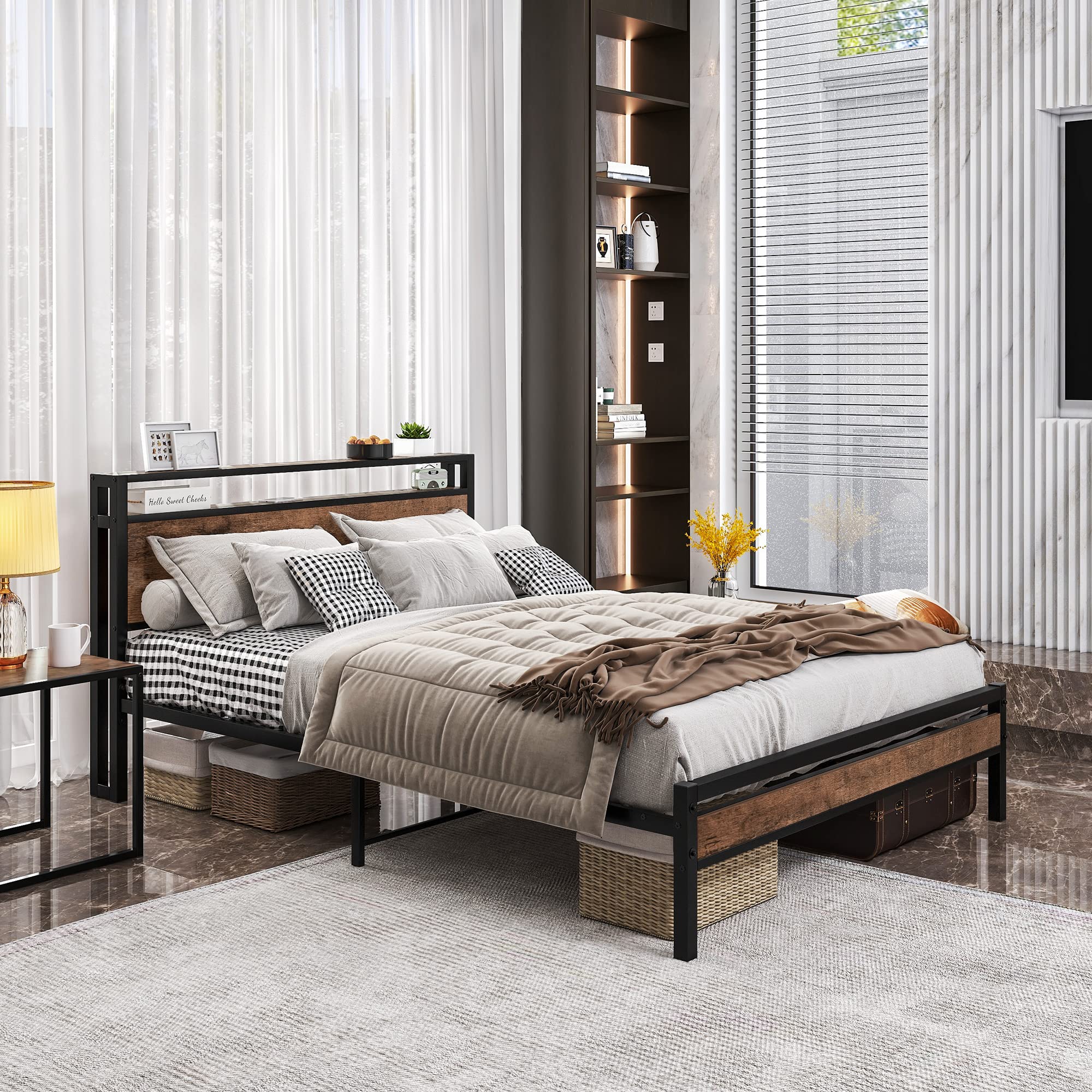BOFENG Queen Bed Frame with 2-Tier Wood Storage Headboard,Metal Platform Bed Frame Queen Size Under Bed Storage No Box Spring Needed,Strong Support Legs,Noise Free
