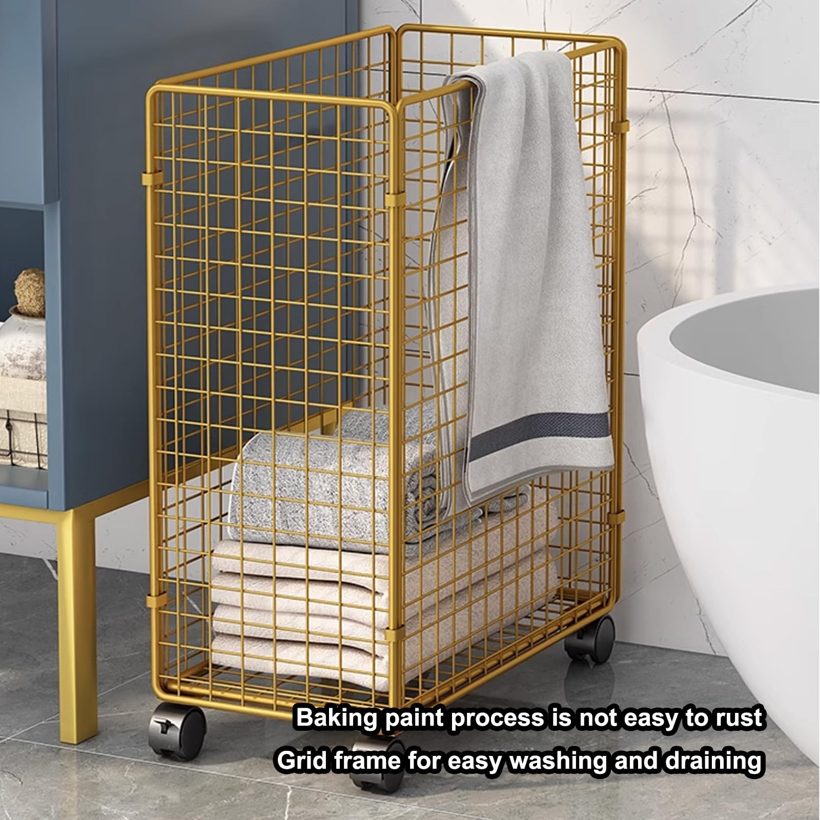 ETBEREAL Metal laundry basket with wheels, Metal Laundry Basket with Wheels, for Living Room, Bathroom, Closet or Bedroom(Gold)
