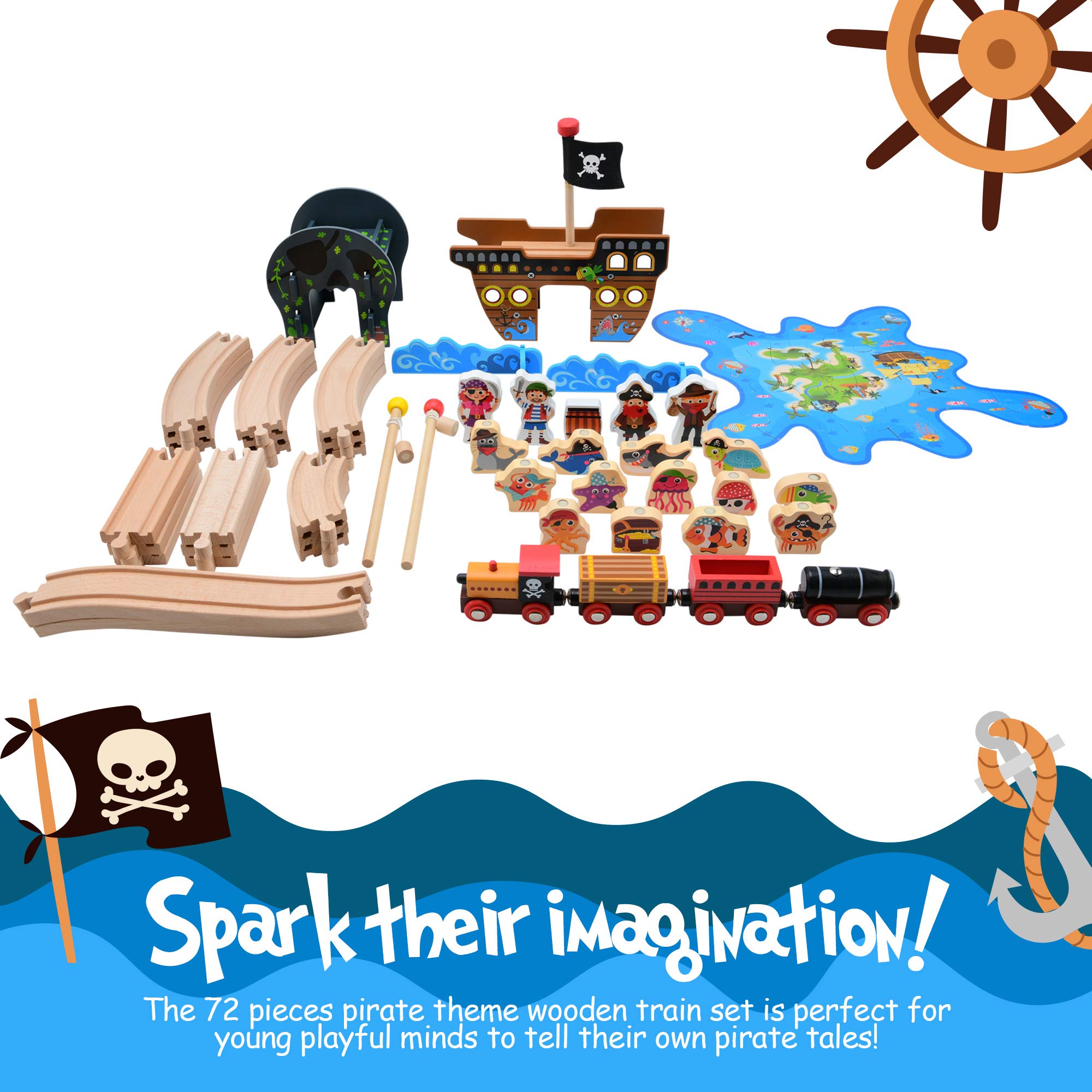 Pidoko Kids Pirate Theme Wooden Train Set - 72 Pcs - Includes Magnet Fishing Poles - Set compatible with all major brand tracks and trains
