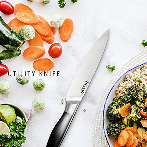 hecef Gradient Black Kitchen Knife Set of 5, Chef Knife Set with Satin Finished Blade & Hollow Handle & Protective Sheaths, Includes Chef, Santoku, Bread, Utility & Paring Knife
