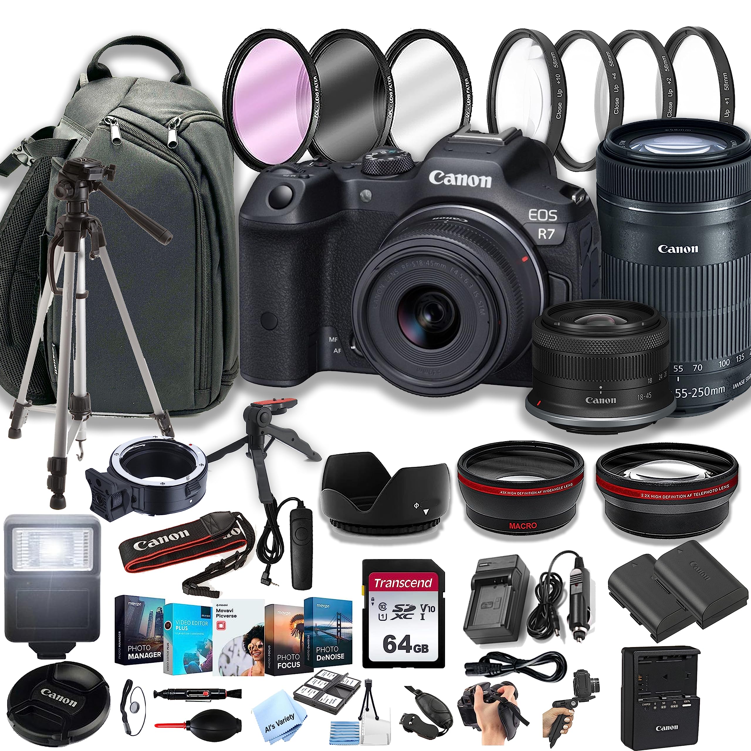 Canon EOS R7 Mirrorless Digital Camera with RF-S 18-45mm f/4.5-6.3 is STM Lens + 55-250mm f/4-5.6 is STM Lens + 64GB Memory Cards, Professional Photo Bundle (42pc Bundle)