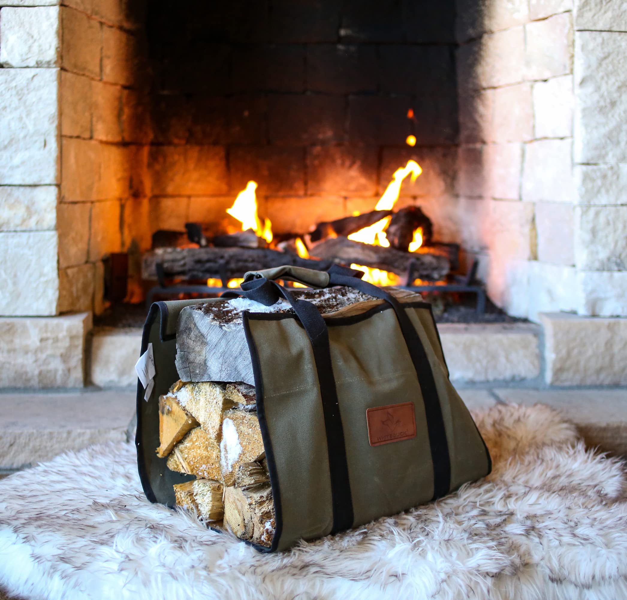 WHITEDUCK TUFF Large Firewood Carrier 21 Oz. Heavy Duty Waxed Canvas Log Carrier Holder for Fireplace, Carrying Wood Indoor & Outdoor (Olive, Rectangle (39"x18"))