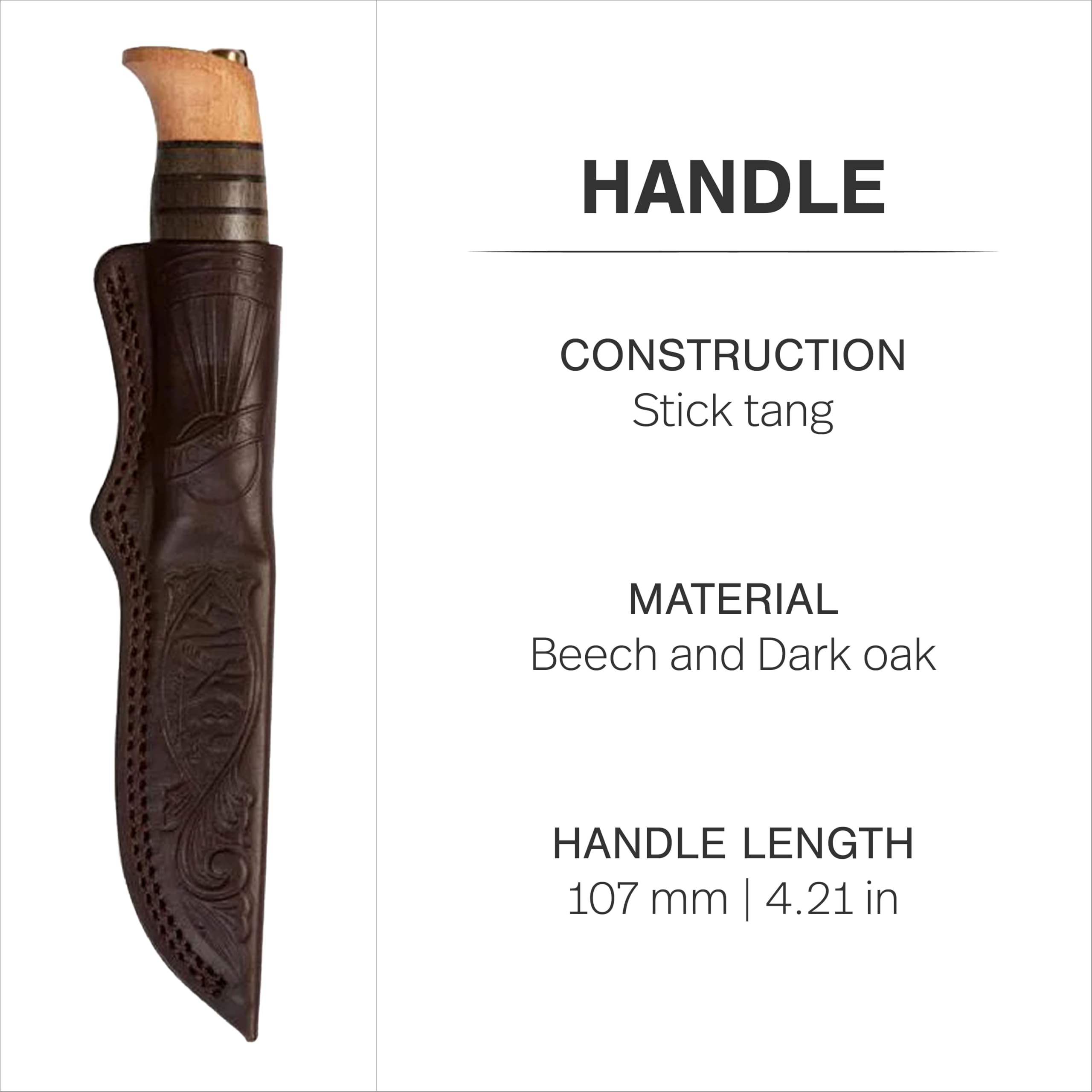 Helle Knives - Sigmund - Triple Laminated Stainless Steel Fixed Blade - Beech, Darkened Oak, & Leather Handle - Leather Sheath - Field Knife for Camping, Fishing, Hunting, Men & Women - Made in Norway