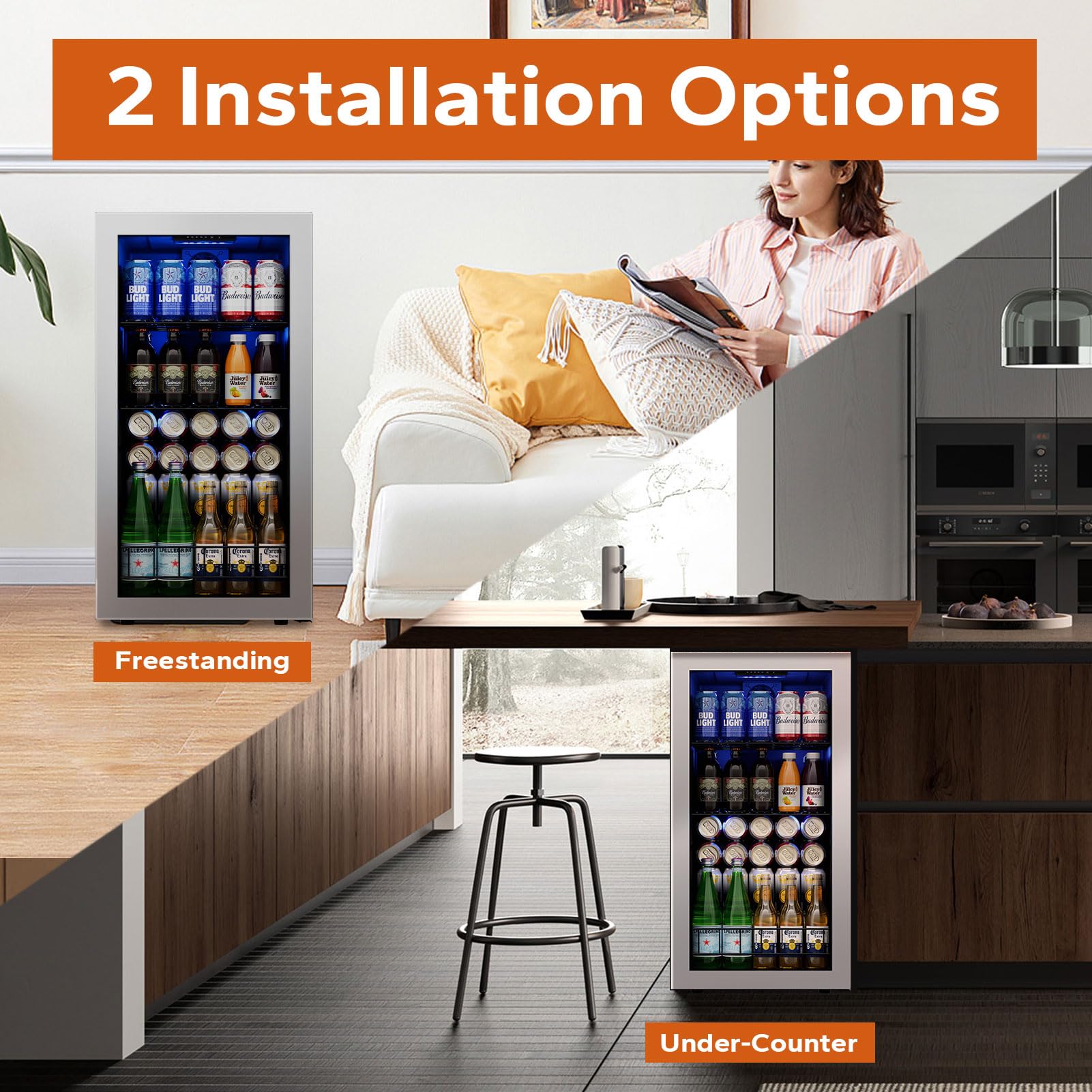 Ca'Lefort Beverage Refrigerator, 121 Can Mini Fridge Glass Door for Beer Soda 38-68°F, Freestanding/Under Counter Beverage Cooler for Bedroom/Office/Bar, 3 Adjustable Shelves(3.11 Cu.Ft)