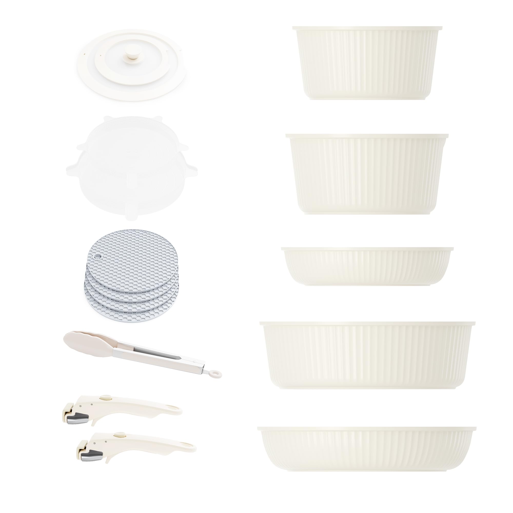 Caannasweis Detachable Nonstick Cookware Set - Stackable Induction Pots and Pans With Removable Handles, Dishwasher Safe - For RV Camping, Oven and Stovetop Use, 5 Pieces (Cream)