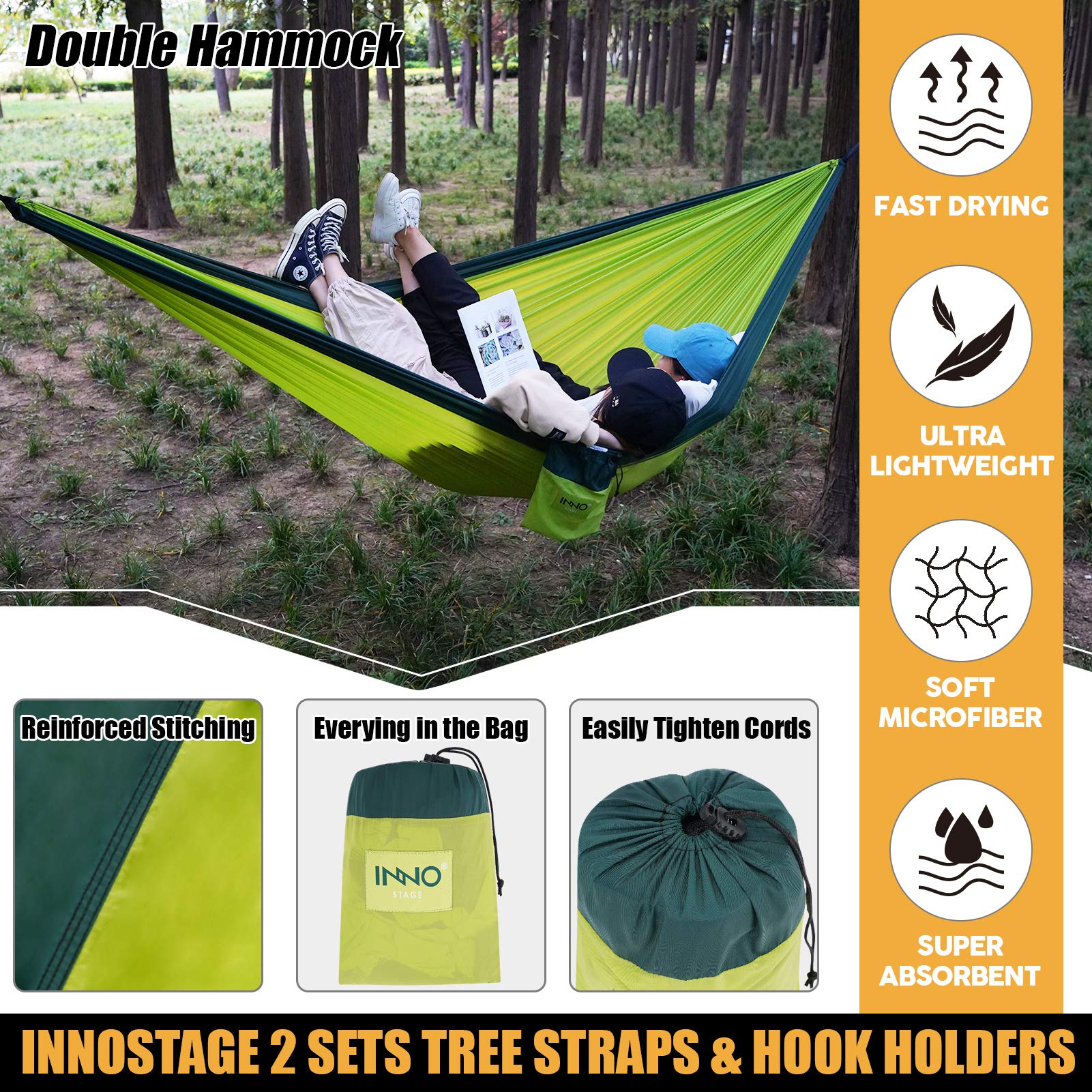 Camping Hammock Double with 2 Tree Straps, Portable Lightweight Nylon Hammocks for Backpacking, Travel Hiking, Travel, Beach, Backyard - Green