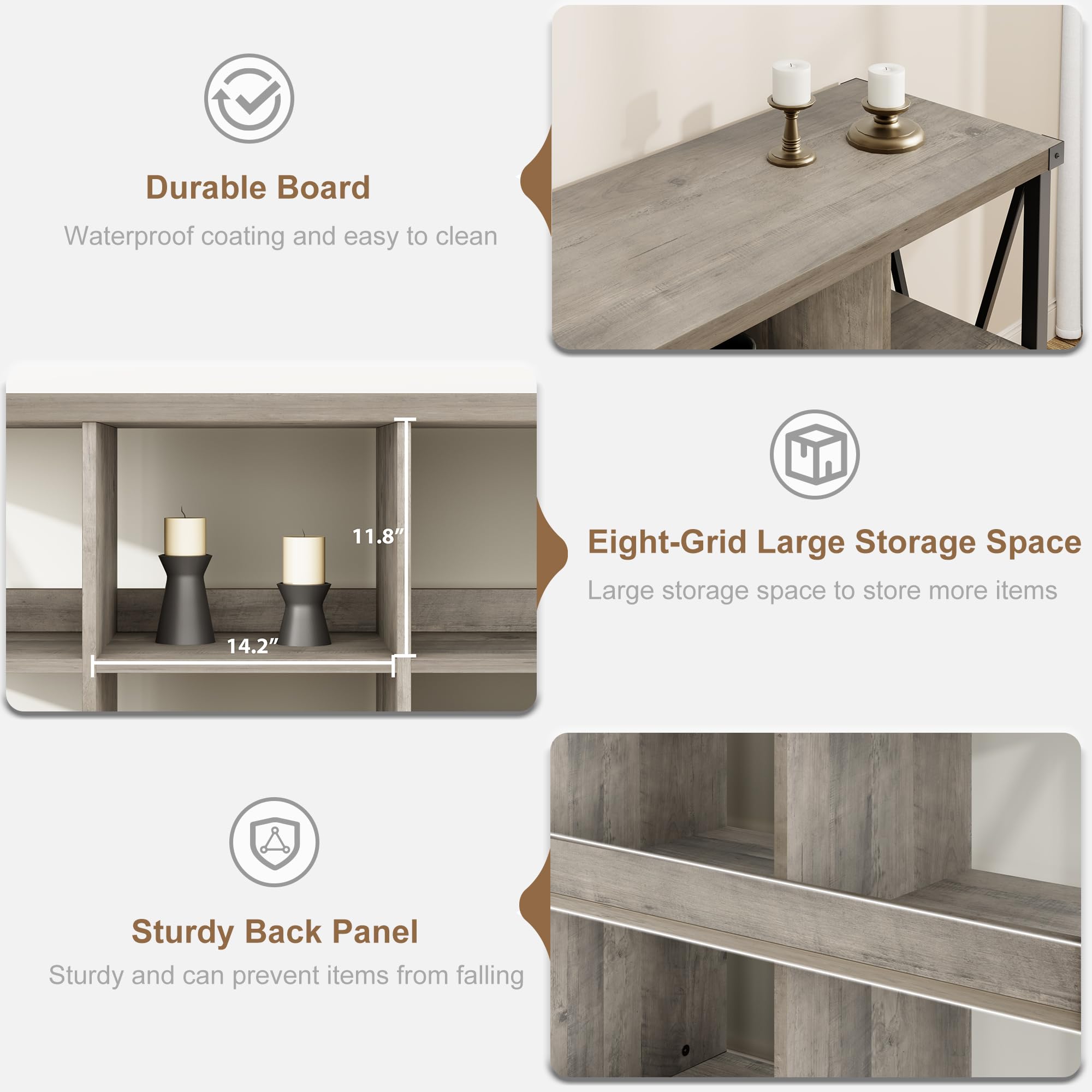 GAOMON 8 Cube Storage Organizer Bookcases, 3 Tier Metal Horizontal Bookcase, 62 Inch Industrial Storage Bookcase for Entryway, Long Low Bookshelf for Living Room-Grey